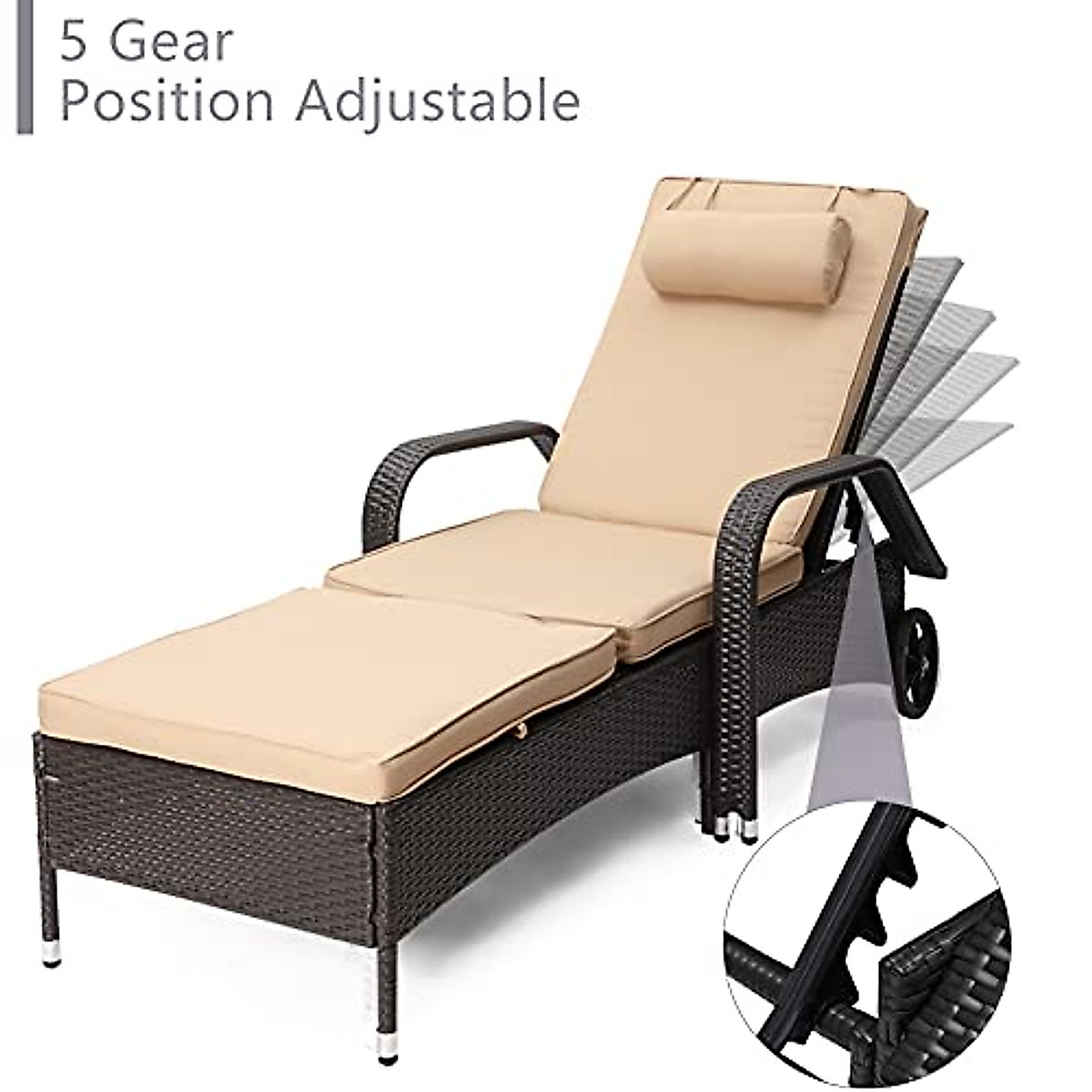 Fit Choice 2 Piece Wicker Patio Chaise Lounge Set, Patio Lounge Chair W/Wheels, 5 Adjustable Back Position, Pressure Relief Cushion, W/ 1 Tempered Glass Bistro Table Dark Grey