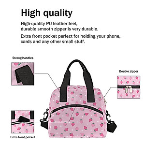 Pardick Pink Strawberry Insulated Lunch Bag Polka Dot Lunch Box for Women Girl with Shoulder Strap Tote Bag Reusable Large Containers Meal Prep for School Work Travel Picnic Thermal Cooler Bag