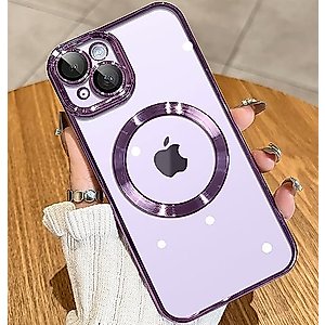 JUESHITUO Magnetic Metallic Clear for iPhone 14 Case with Full Camera Cover Protection [No.1 Strong N52 Magnets] [Military Grade Drop Protection] for Women Girls Phone Case (6.1")-Purple
