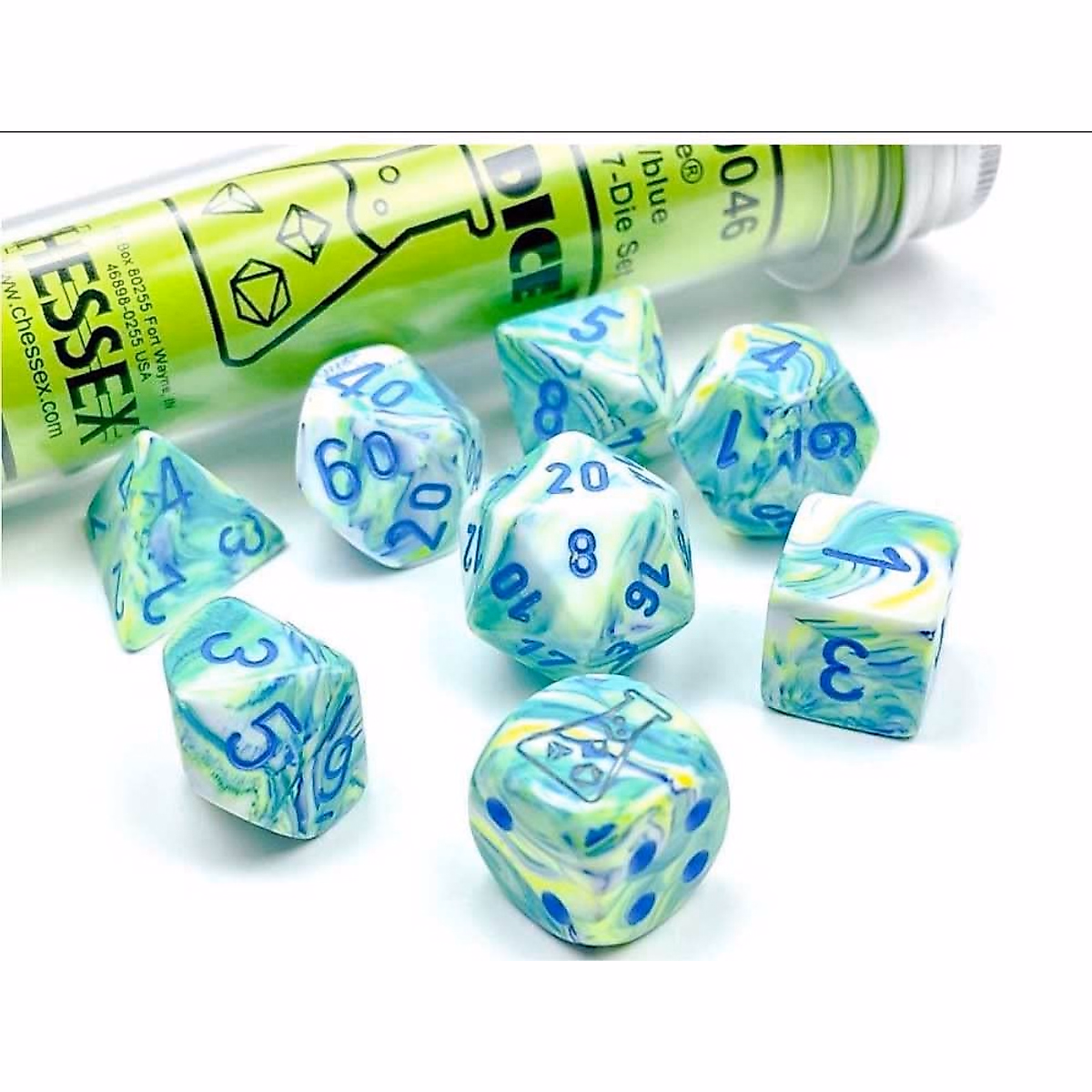 Garden Festive Luminary Dice with Blue Numbers 7+1 Dice Set 16mm (5/8in) Limited Edition Lab Dice Chessex