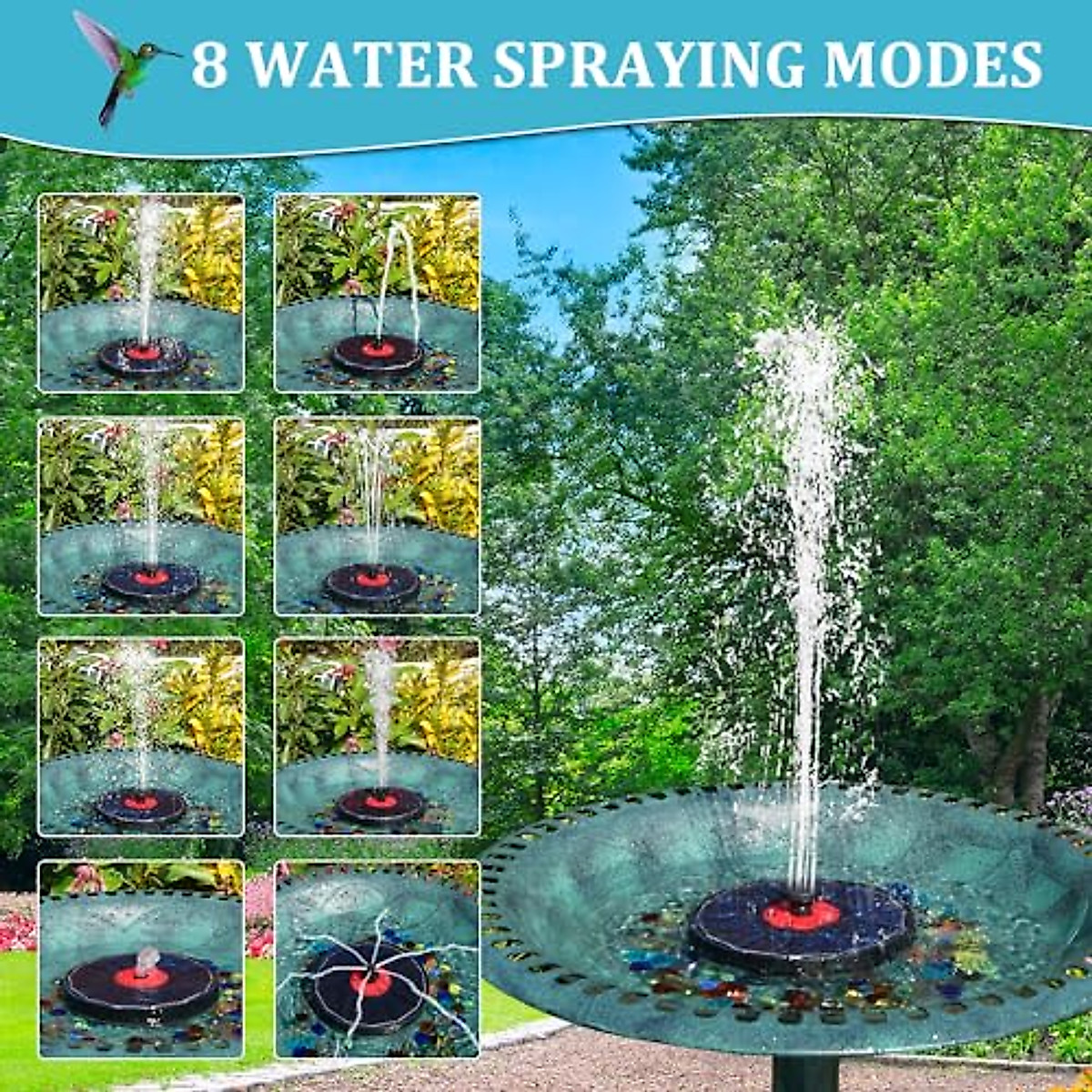 GAIZERL Solar Fountain 2024 Newest, 3.5W Solar Birdbath Fountains with Colorful Lights, Glass Panel, 2200mAh Battery, Hummingbird Water Pumps with 8 Spray Modes & 4 Fixed Pipes for Garden, Pool, Pond