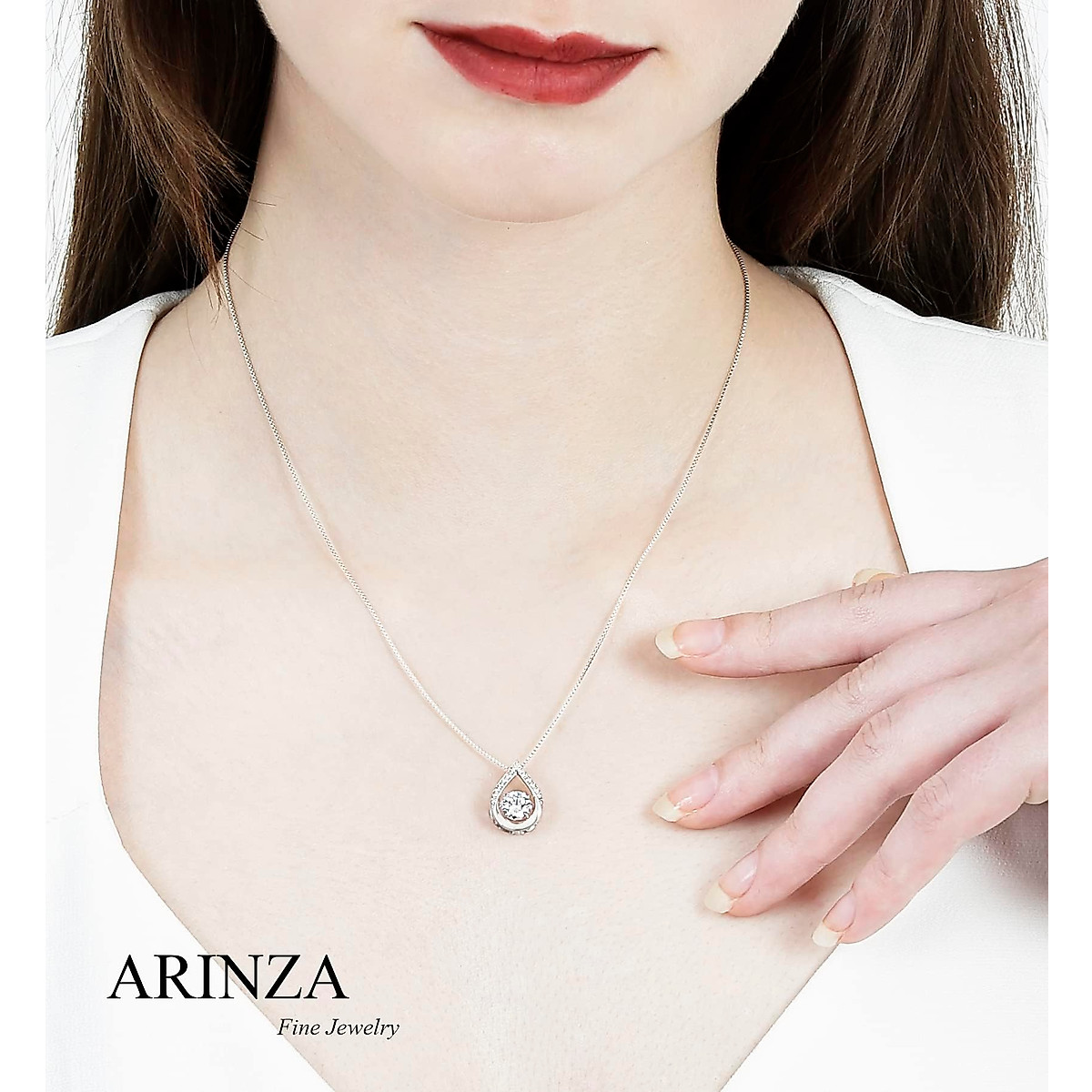 ARINZA Silver Necklace for Women, Dancing Diamond Cubic Zirconia Necklace with 18+2 Inch Chain, Anniversary Birthday Gift for Wife, Mom, Girlfriend, Lady
