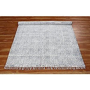 Casavani Hand Made Cotton Dhurrie Abstract Blue & Beige Tassel Rug Easy Care Washable Rugs for Doormat Entryway Living Room Bedroom Hallway Balcony 12x12 Feet Square