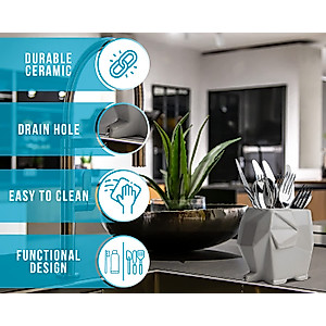 Novelty "Elephant" Cutlery Holder & Drainer for your Kitchen Sink - Multifunctional & Decorative Silverware Organizer, Utensil Caddy or Toothbrush Holder Made of Premium Ceramic - Grey