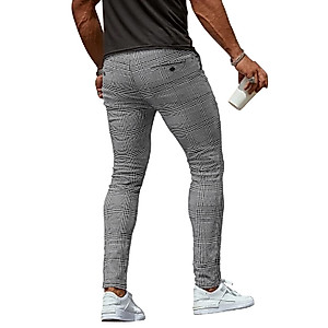 Woenzaia Men's Fashion Slim Fit Plaid Dress Pants Casual Skinny Chinos Pants Stretch Expandable Waist Golf Pants Checkered Travel Slacks(Dark Grey,32