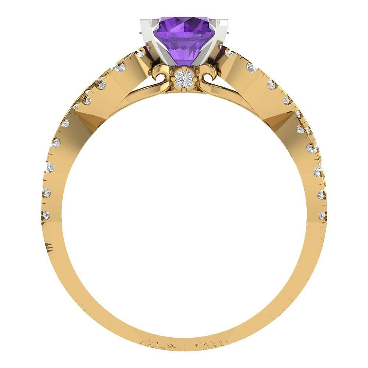 Clara Pucci 1.32ct Round Cut Custom Engraving Solitaire Natural Amethyst Statement W/accent Art Deco Ring 14k 2 tone Gold Size 5