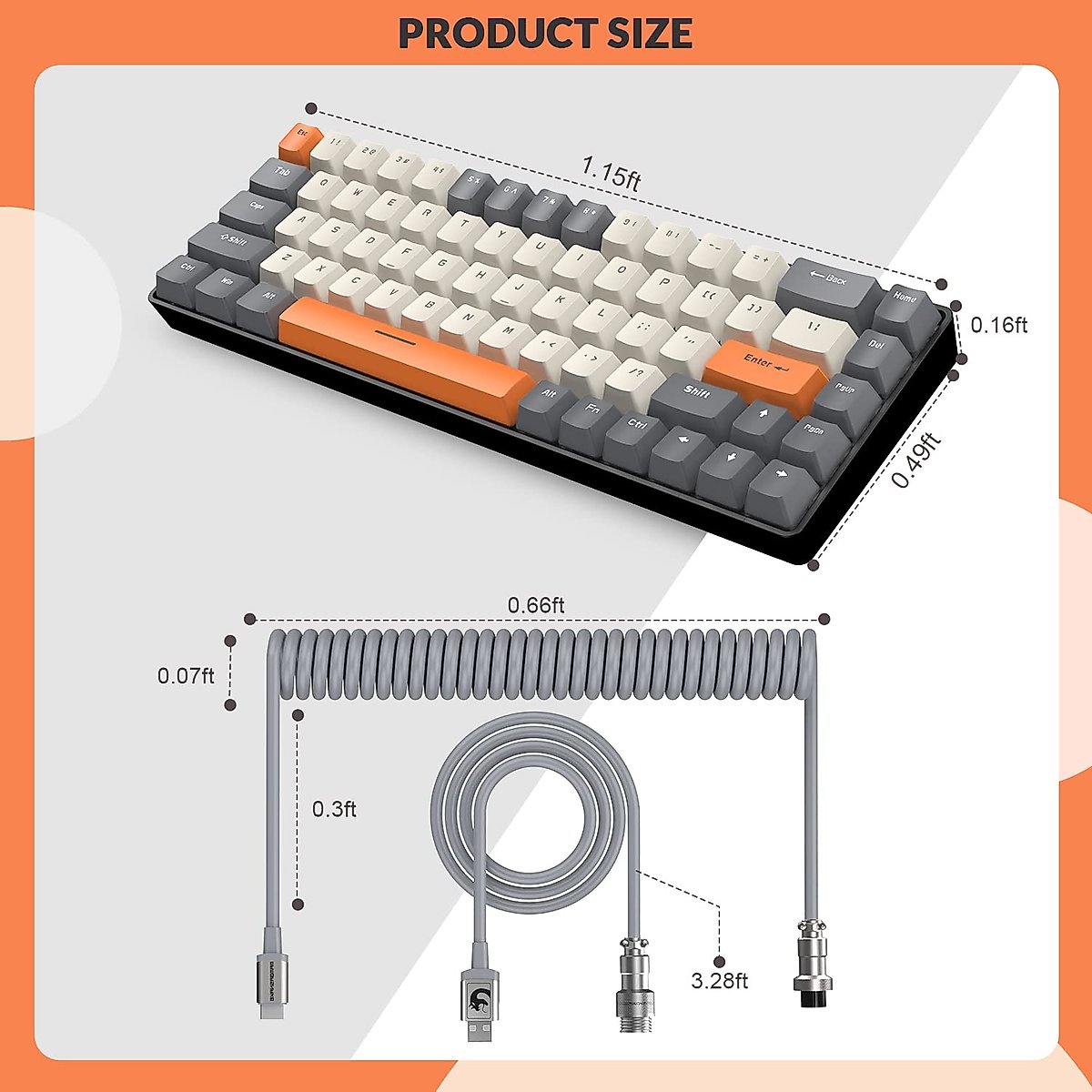 ZIYOU LANG RK-T8 Wired 65% Mechanical Gaming Keyboard with RGB LED Backlit Anti-ghosting TKL Mini 68 Key Custom Coiled C to A Cable Tactile Blue Switch for PS4 PS5 Xbox PC Mac Gamer(Dark Gray/White)