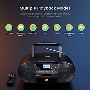 Boom Box CD and Cassette Tape Player, Hernpark Rechargeable CD Tape Player with Remote Control, Bluetooth, FM Radio, Sleep Mode, Stereo Sound, EQ Mode, USB Drive, Aux/Headphones Jack (Black)