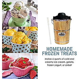 Elite Gourmet EIM916# Old Fashioned 6 Quart Vintage Wood Bucket Electric Ice Cream Maker Machine, *Bonus Classic Die-Cast Hand Crank for Churning, Uses Ice & Rock Salt Churn Ice Cream in Minutes, Pine