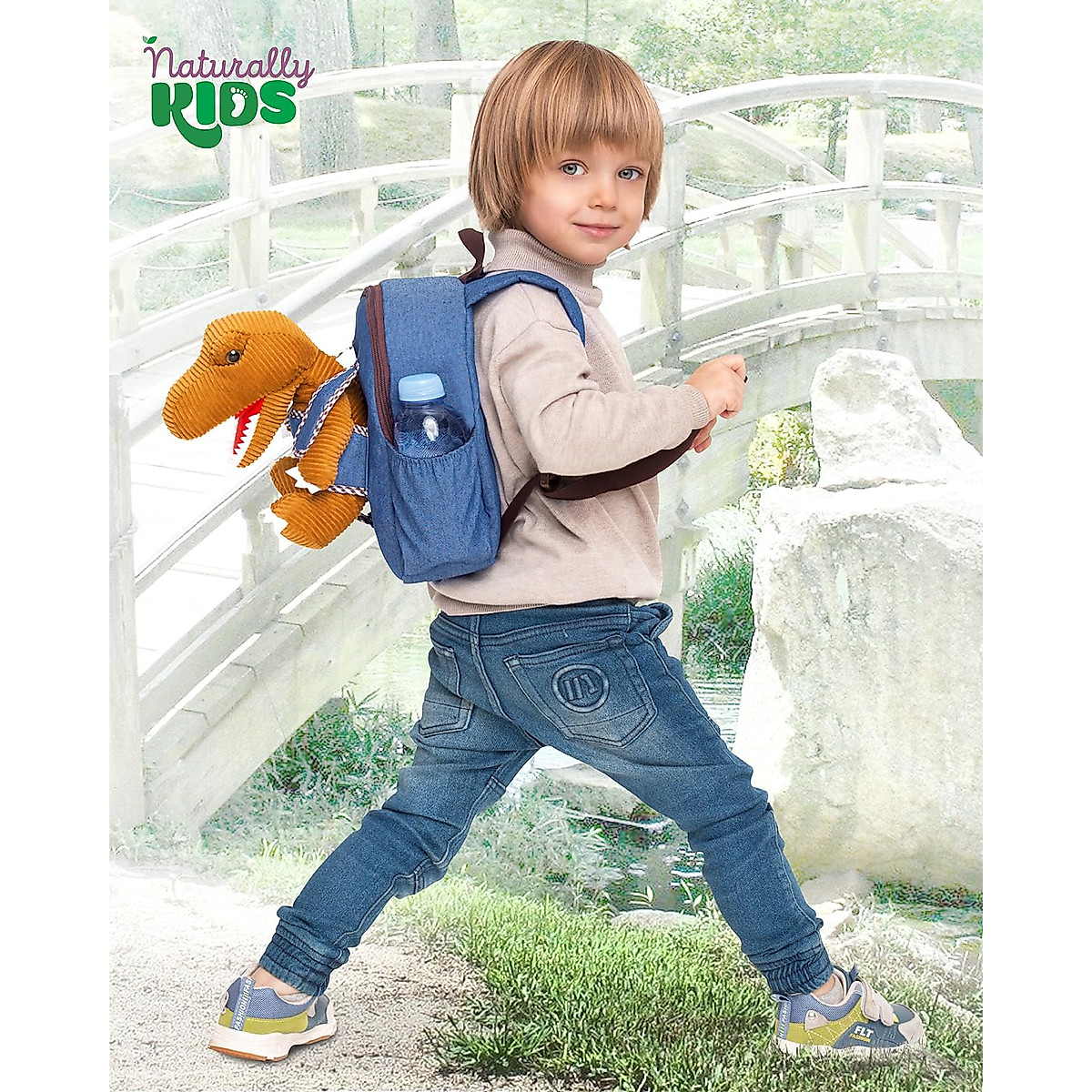 Naturally KIDS Small Dinosaur Backpack - Dinosaur Toys for Kids 3-5 - Toddler Backpack for Boy Girl w Stuffed Animal - Gifts for 3 Year Old Boy - w Pockets & Reflective Logo - Backpack w Brown T Rex
