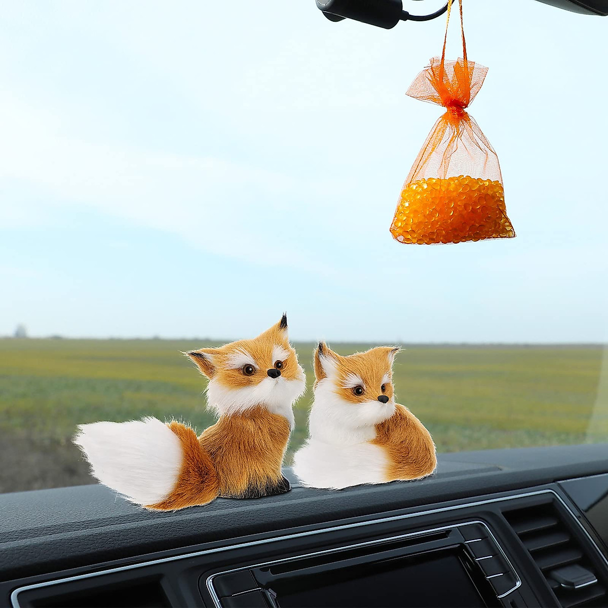 Sosation 2 Pcs Simulation Fox Mini Toy Fur Animal Model Stuffed Ornament Static Action Figures Fox Standing Sitting Plush for Home Office Desktop Bag Decoration 3.94 x 3.54 in, 3.15 x 2.75 in(Brown)