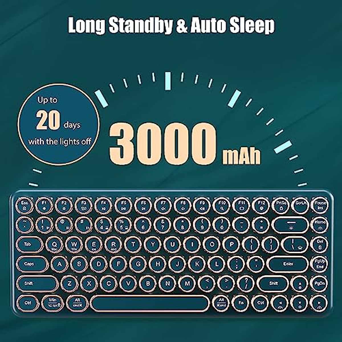 TISHLED Typewriter Keyboard Wireless 2.4GHz/Bluetooth/USB-C Wired Mechanical Gaming Keyboard with Gold LED Backlit 84-Key NKRO Hot Swappable Green Switches Retro Round Keycaps for Multi-Device