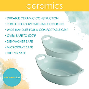 Rachael Ray Solid Glaze Ceramics Au Gratin Bakeware / Baker Set, Oval - 2 Piece, Light Blue