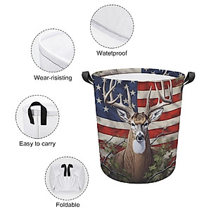 American Deer Flag Laundry Basket Hamper Bag Dirty Clothes Storage Bin Waterproof Foldable Toy Organizer for Bedroom Clothes Toys Basket