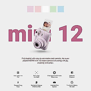 Fujifilm Instax Mini 12 Instant Camera Lilac Purple + MiniMate Accessory Bundle & Compatible Custom Case + Fuji Instax Film Value Pack (50 Sheets) Flamingo Designer Photo Album
