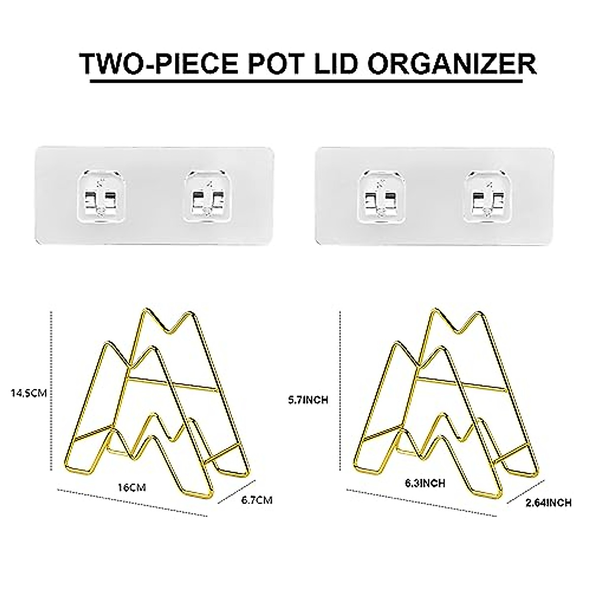 UWAYEXRA Pot Lid Organizer,2-Piece Gold Pan Lid | Plate Holder, Minimalist Style Dual-purpose desktop and wall Kitchen Organizers Nail-free