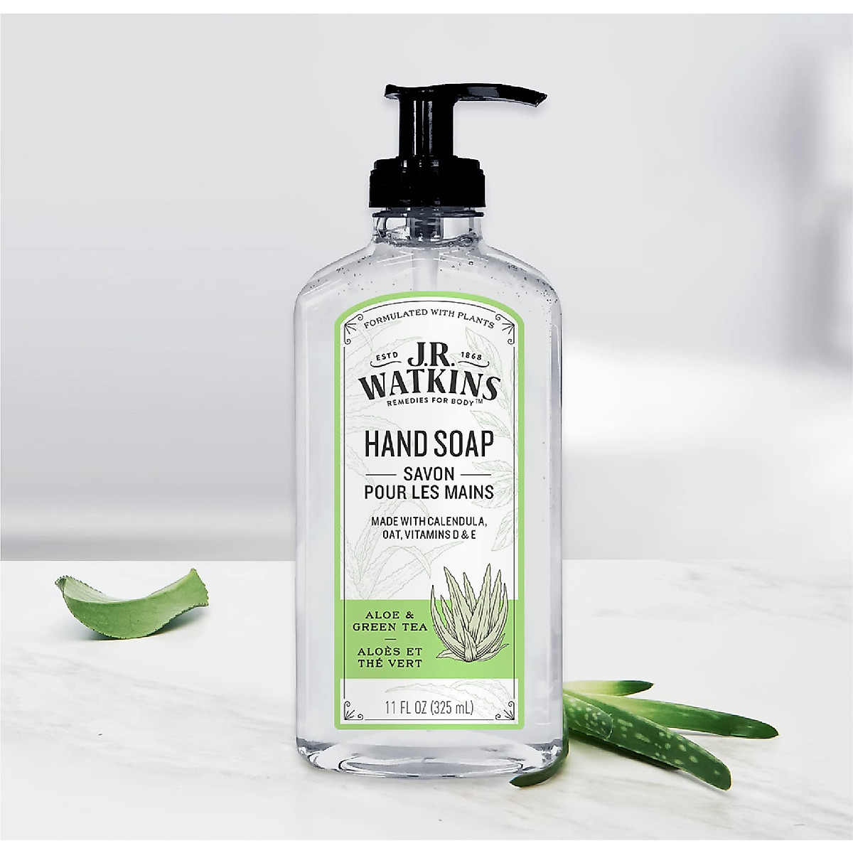 J.R. Watkins Liquid Hand Soap With Dispenser, Moisturizing Hand Soap, Alcohol-Free Hand Wash, Cruelty-Free, Liquid Soap For Bathroom or Kitchen, Aloe & Green Tea, 11 Fl Oz, 3 Pack