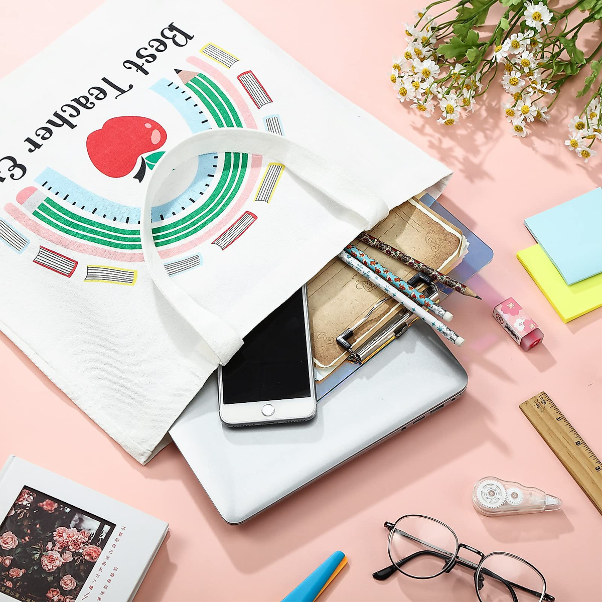 Sumind 6 Pcs Teacher Appreciation Gift Canvas Teacher Tote Bags Thank You Gift for Women Reusable Rainbow Bags(Elegant Style)