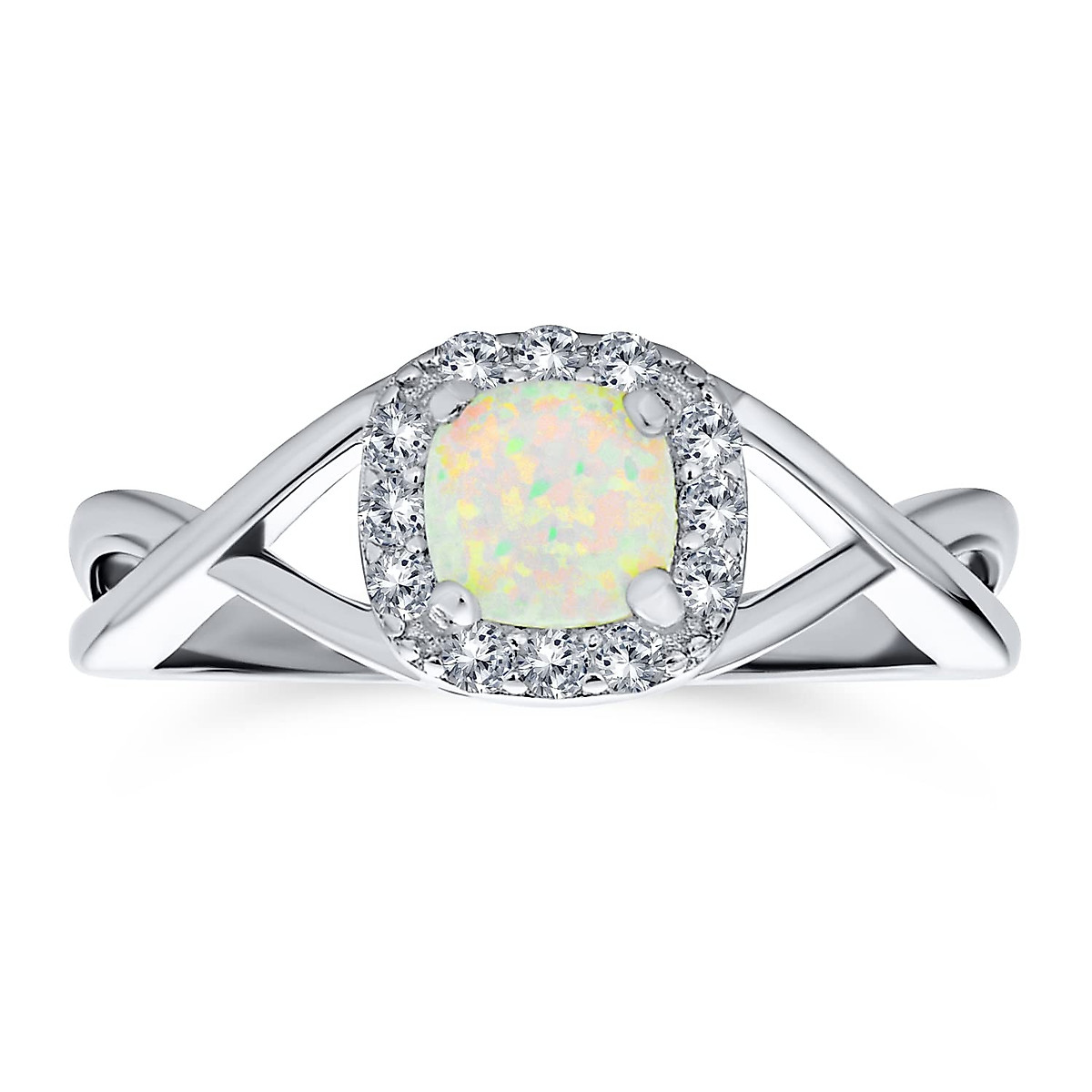 Delicate Dainty Pave CZ Halo Circle 1CT Square Princess Solitaire Created White Opal Engagement Ring With Infinity Band Gemstone Ring For Women .925 Sterling Silver October Birthstone