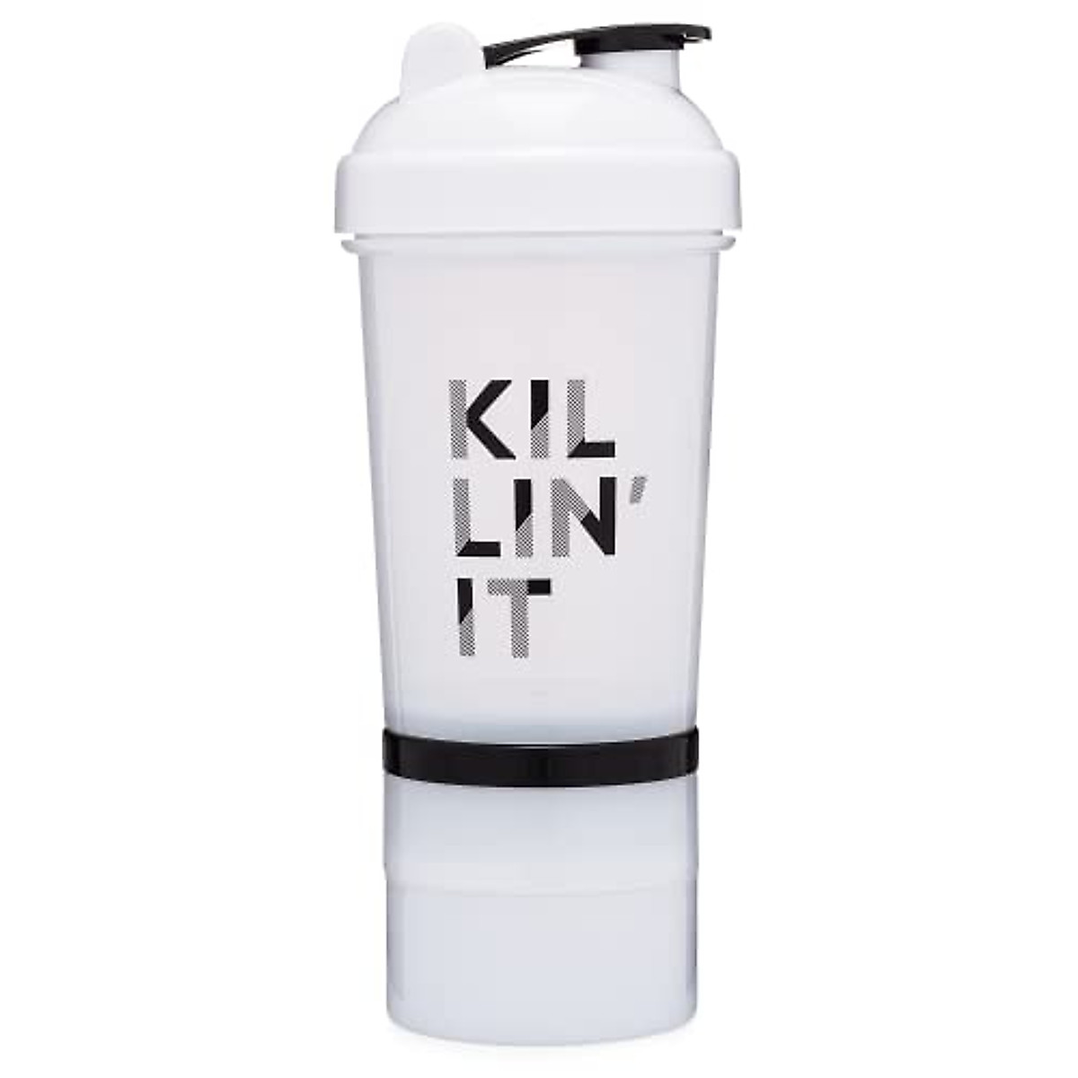 [2 Pack] 20-oz Shaker Bottle with Attachable Storage Compartments (White & Black - 2 Pack) | 20 Ounce Protein Shaker Cup with Motivational Quotes | Attachable Container Storage for Protein or Supplements with Mixing Agitators