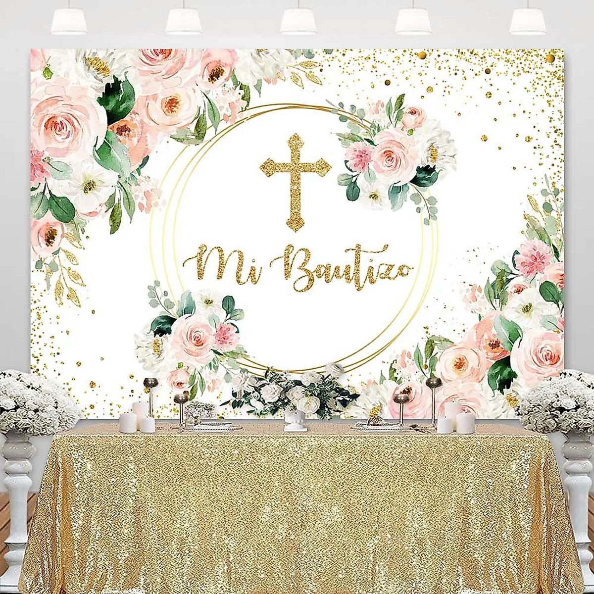 Sensfun Mi Bautizo Backdrop Gold Bless Spanish Baptism Girl First Holy Communion Party Decorations Pink Floral Gold Glitter Background Christening Newborn Photo Studio Booth Props 7x5ft