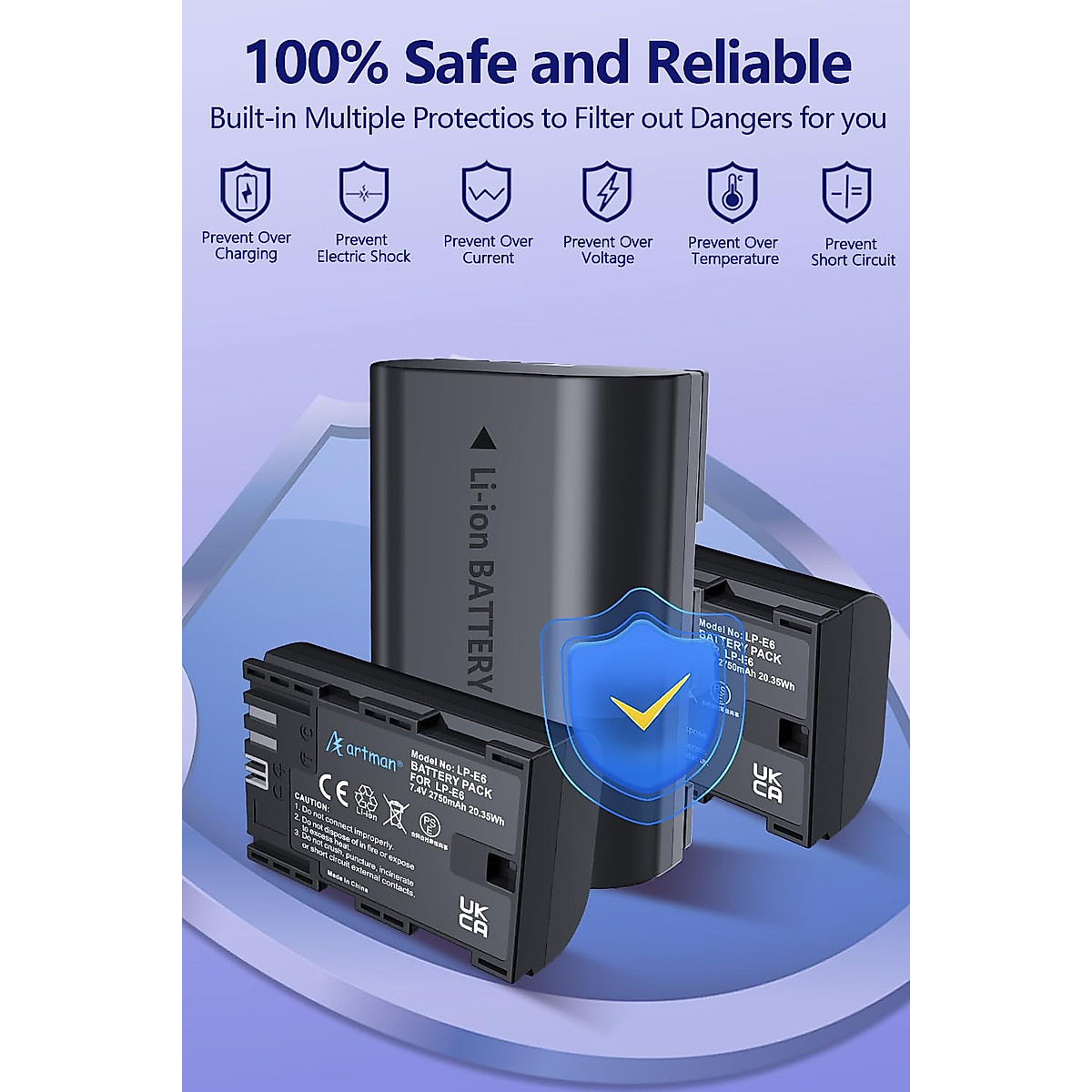 Artman 3-Pack 2750mAh LP-E6 LP-E6N Batteries and 3-Slot LCD Charger Compatible With Canon EOS R6 R5 R 90D 80D 70D 60D 60DA 6D 6D Mark II 5D Mark II/III/IV 5DS 5DS R 7D 7D Mark II XC15 XC10 BMPCC 4K/6K