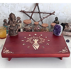 Altar Table, Meditation Table, Small Altar Table, Wooden Witch Altar, Wiccan Alter Table, Buddhist Shrine, Engraved Spiral Goddess on Table Top, 12 × 8 inches