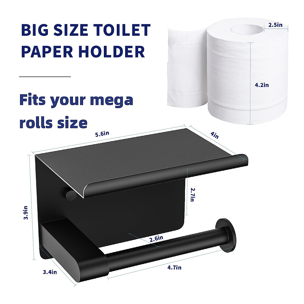 GLNLQ Toilet Paper Holder Wall Mount, Fits Mega Rolls Size Matte Black Toilet Paper Holder with Shelf, Rustproof Stainless Steel Self Adhesive Toilet Paper Holder, Black Bathroom Toilet Paper Holder