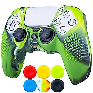 9CDeer 1 Piece of Silicone Studded Dots Protective Sleeve Case Cover Skin + 6 Thumb Grips Analog Caps for PS5 Controller, Camouflage Green
