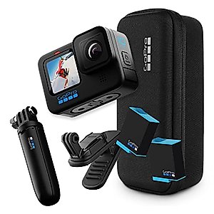 GoPro HERO10 Black Accessory Bundle - Includes HERO10 Camera, Shorty (Mini Extension Pole + Grip), Magnetic Swivel Clip, Rechargeable Batteries (2 Total), and Camera Case