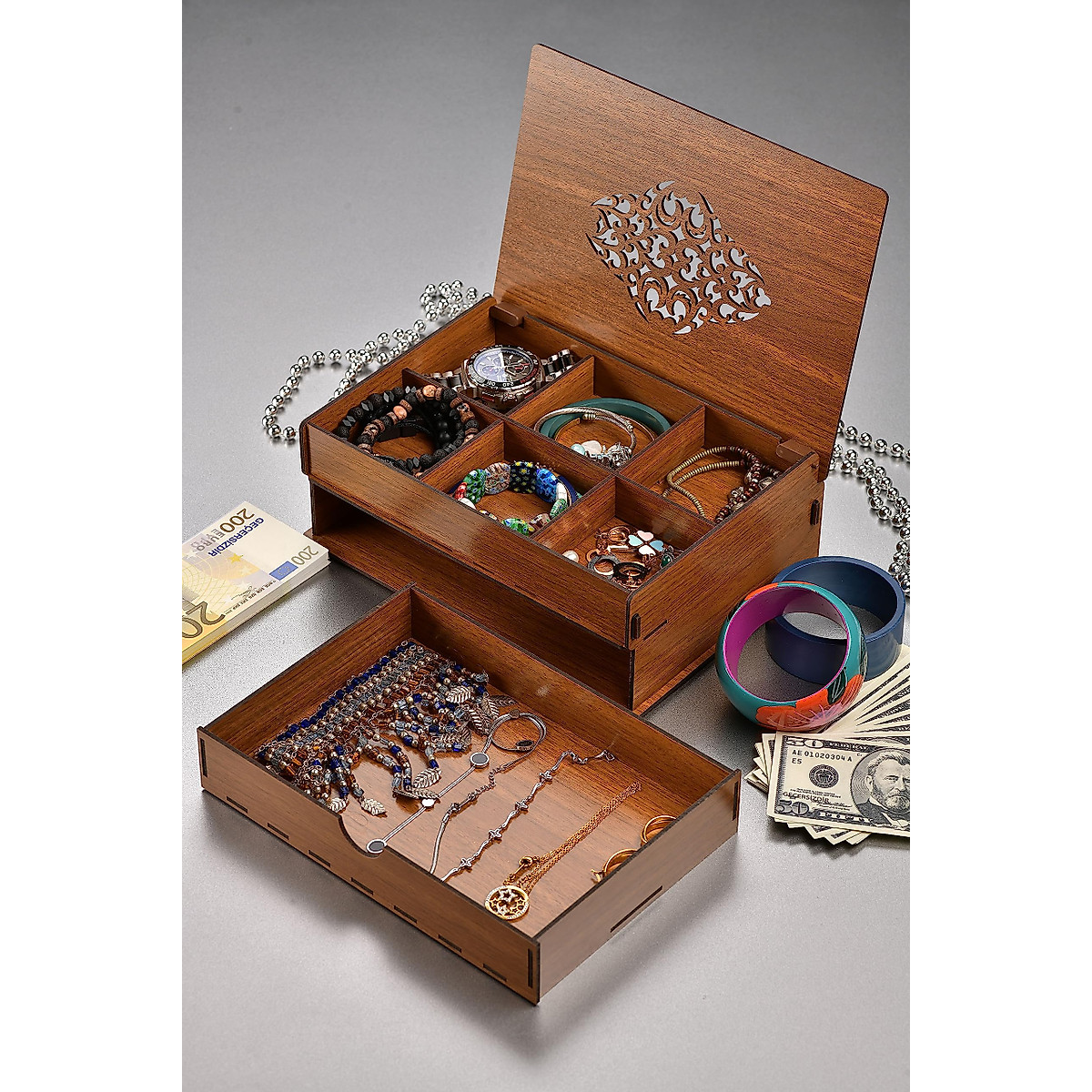 Reynoon Jewelry Box Organizer - Wood (Hard MDF) Jewelry Holder, 2 Layer, 6 Compartment, 1 Drawer Stackable Design, Wooden Jewelry Box Gift, Storage Case for Rings, Earrings, Necklaces, Bracelets