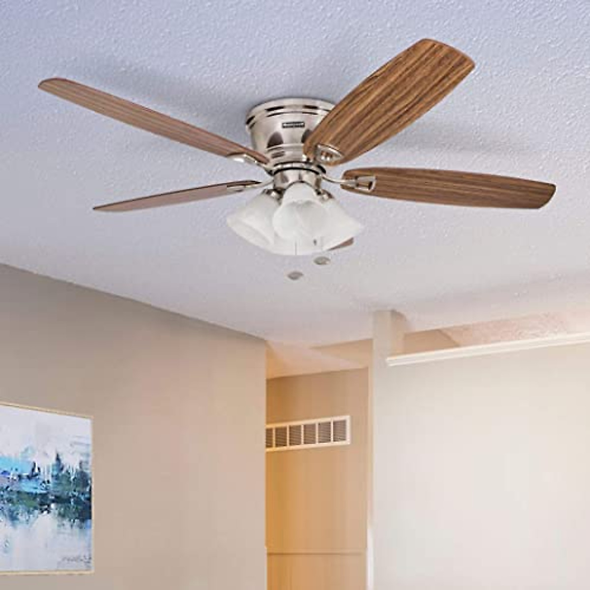 Honeywell Ceiling Fans Glen Alden, 52 Inch Classic Flush Mount Indoor LED Ceiling Fan with Light, Pull Chain, Quick-2-Hang Dual Finish Blades, Reversible Motor - 50519-01 (Brushed Nickel)