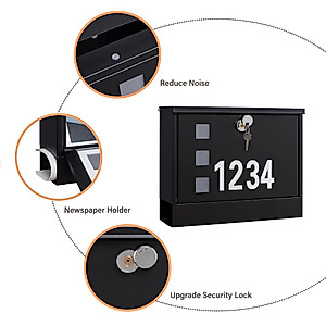LAND·VOI Locking Mailbox Wall Mounted, Metal Postbox with Three Sets of Mail Box Number Stickers, 4 Keys, 14.4" x 4.5" x 11.2", Large Capacity, Black, AMB11B