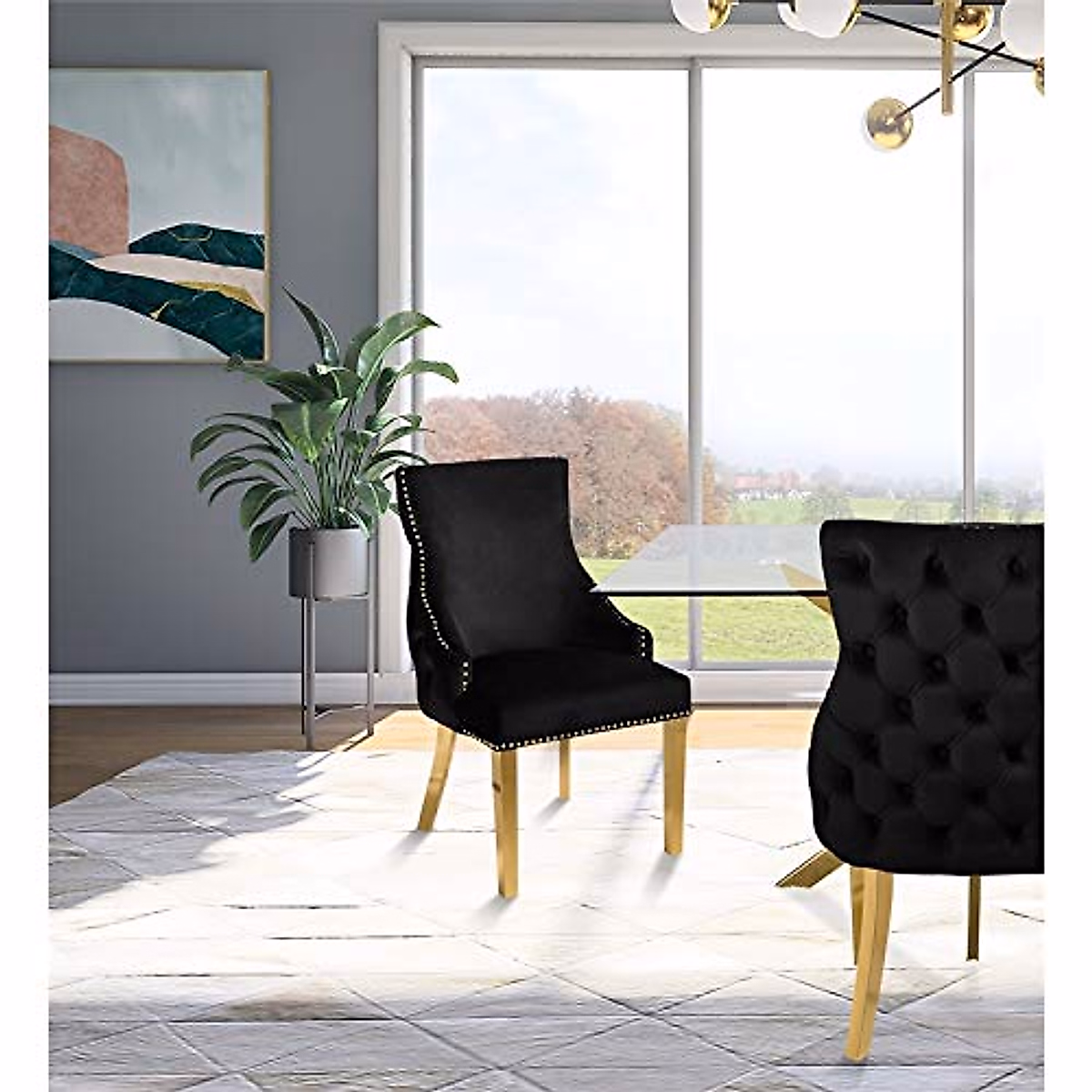 Meridian Furniture Collection Modern | Contemporary Velvet Upholstered Dining Chair with Tufted Back and Gold Sturdy Stainless Steel Legs, Set of 2, 24" W x 25.5" D x 37.5" H, Black