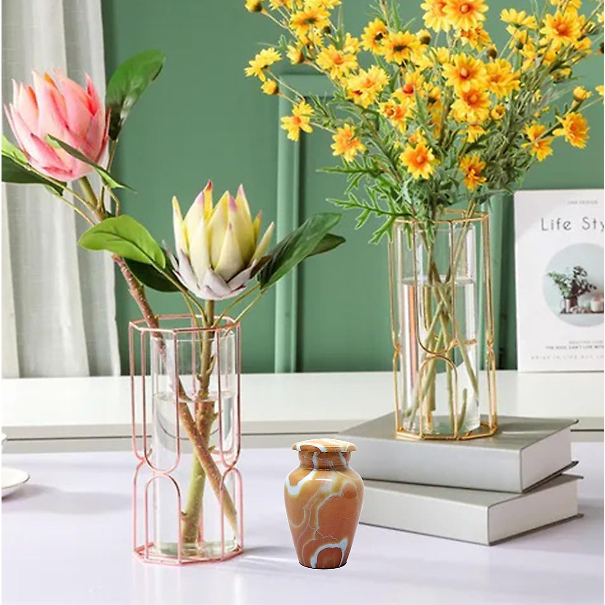 Marble Finish Metal Keepsake Urn - Mini Cremation Urn for Human or Pet Ashes - Token Urn - Sharing Memorial Urn with Velvet Bag (Honey Onyx)