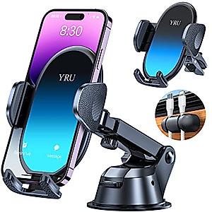 [Upgraded] YRU Car Phone Mount, Sturdy Suction Adjustable Long Arm Cell Phone Holder for Car Dashboard Air Vent Windshield, Handsfree Dash Stand for iPhone 14 13 Pro Max, Samsung Universal Cellphone