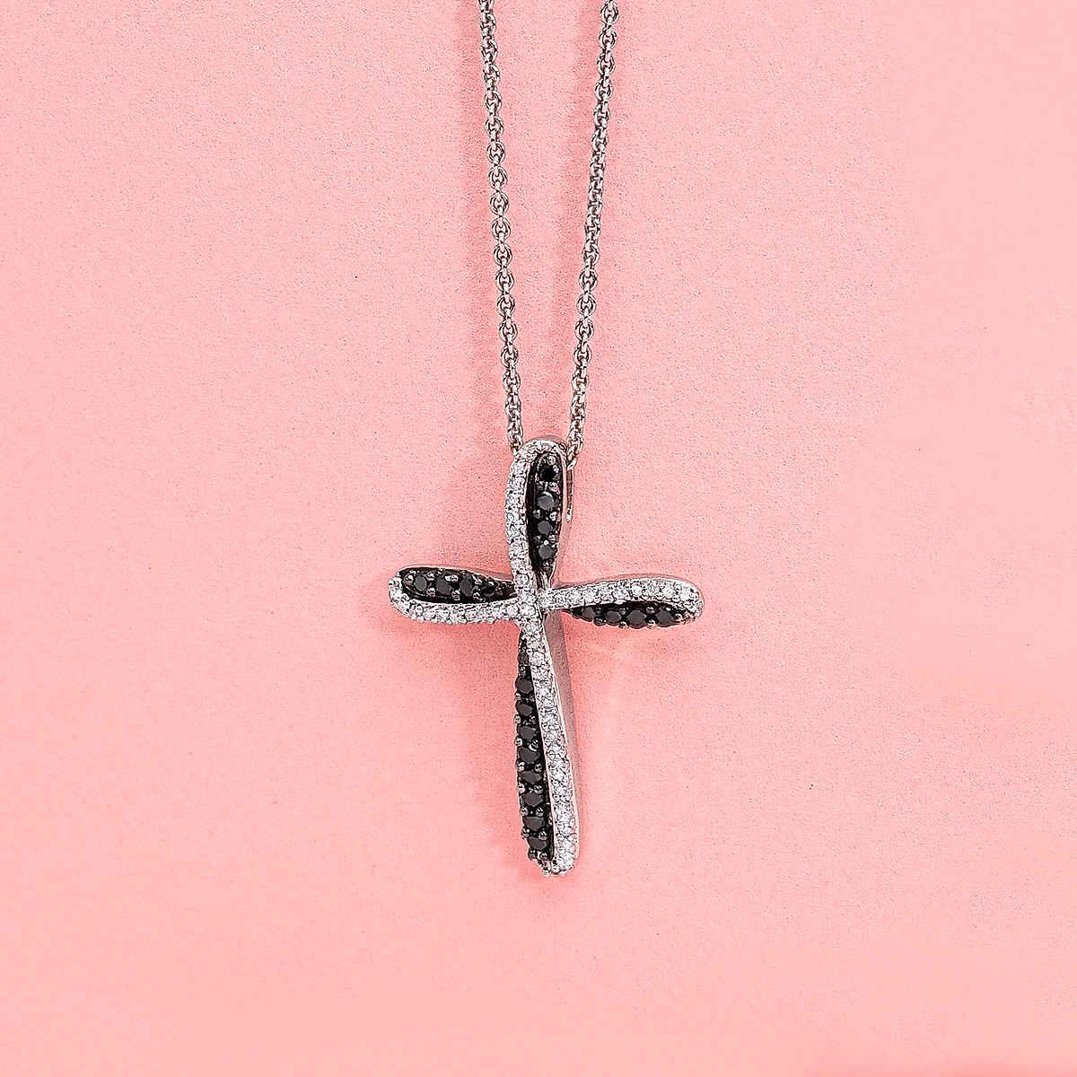 Jewelili Sterling Silver Cross Pendant Necklace with Treated Black and Natural White Round Diamonds, 1/3 cttw, 18" Rolo Chain