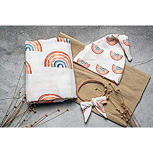 Miaoberry Organic Muslin Baby Swaddle Blanket and Hat Set Newborn Unisex Neutral Boy Girl| Boho Rainbow |Photo Props Birth Announcement Card