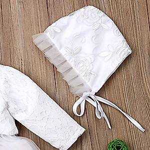 Cudilica Newborn Baby Girls Christening Princess Long Sleeve Tulle Lace Dress Skirts Shawl Hat 3Pcs Infant Clothes Sets (White, 0-3 Months)