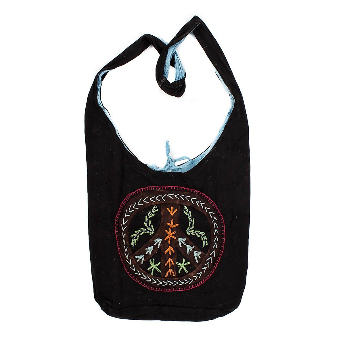 Original Collections Embroidered Peace Sign Stonewashed Cotton Crossbody Shoulder Handbag Large