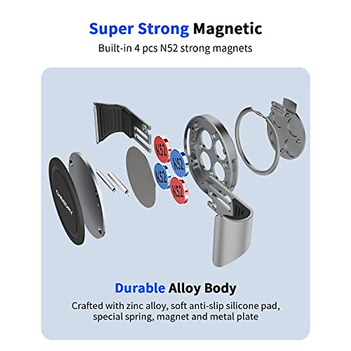 CHEEDAY Magnetic Phone Clamp Mount to Any Metal Surface, [Strong Magnet] Gym Metal Phone Clip Ring Grip for Magnetic Car Holder Compatible with iPhone 12 13 14 Pro Max, Most Phones and Cases, Gray