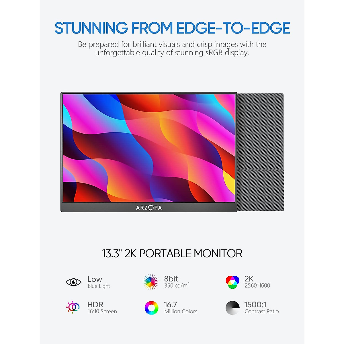 ARZOPA Portable Monitor 2K, 13.3'' HDR Portable Laptop Monitor USB C HDMI External Monitor IPS Eye Care External Display for PC Phone Mac Xbox PS5 Switch-A1 GAMUT MINI 2K