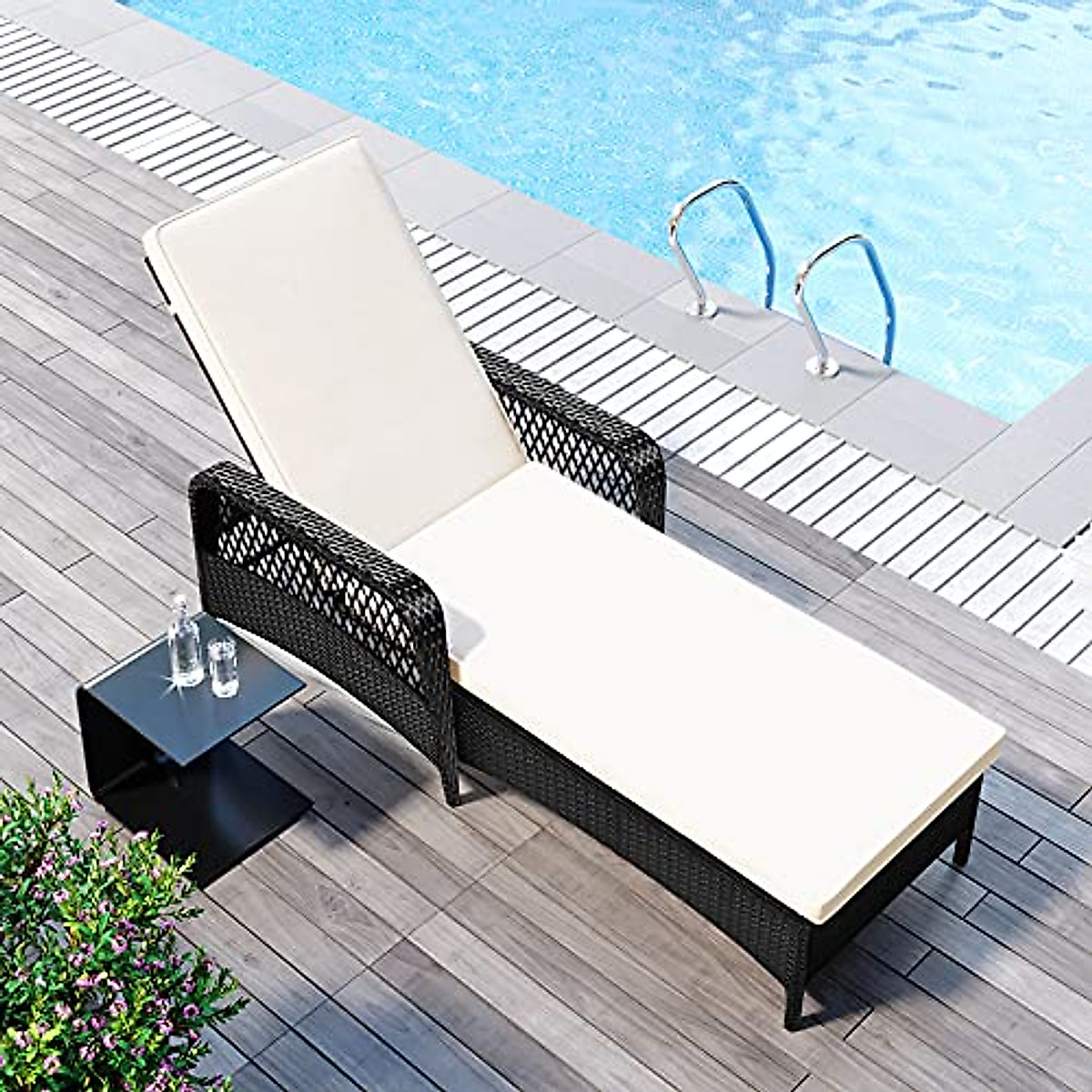Patio Chaise Lounge Chair Outdoor Pool Beach, Brown PE Rattan Wicker Reclining Chair Djustable Backrest, Removable Cushion (Beige), Steel Frame Set of 2 (1)