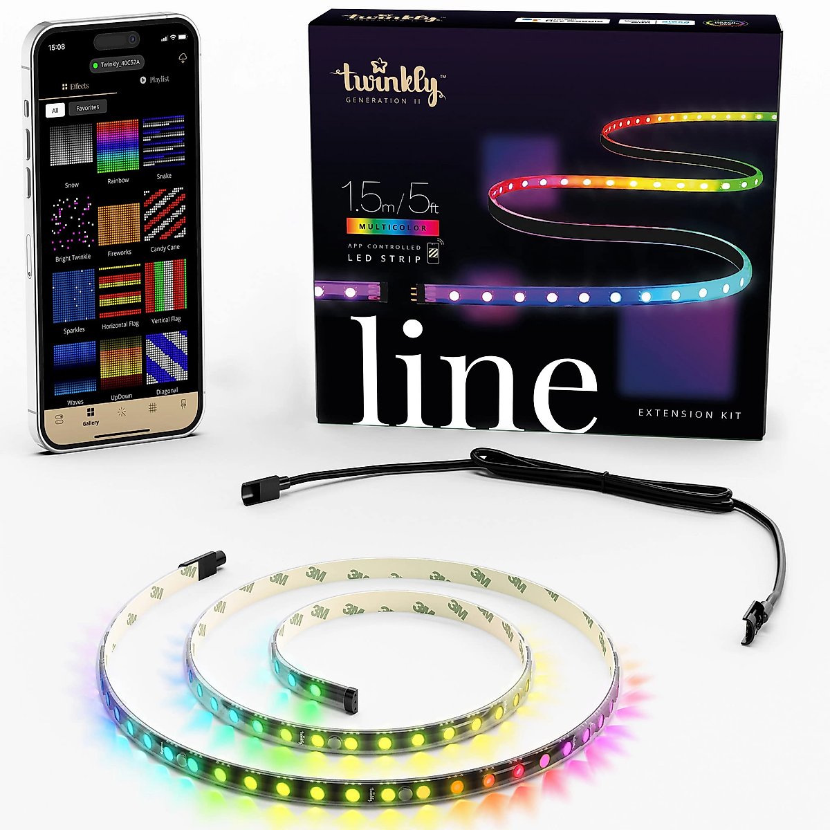 Twinkly Line Extension Kit 5ft, Magnetic and Adhesive Multicolor LED Strip, Pair It with Line Starter Kit, Compatible with Alexa, and Google Home, 16 M+ Colors, App Mapping, Black Wire