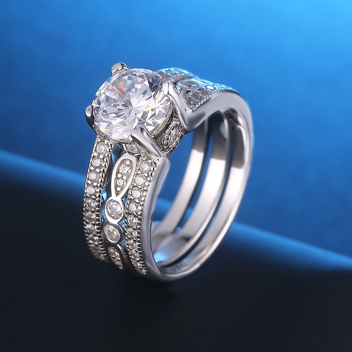 MABELLA 2.7 Carats Round Cut White Cubic Zirconia 925 Sterling Silver Alternative Engagement Wedding Ring Set Size 8