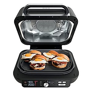 Ninja IG601 Foodi XL 7-in-1 Indoor Grill Combo, use Opened or Closed, Air Fry, Dehydrate & More, Pro Power Grate, Flat Top Griddle, Crisper, Black, 4 Quarts (Renewed)