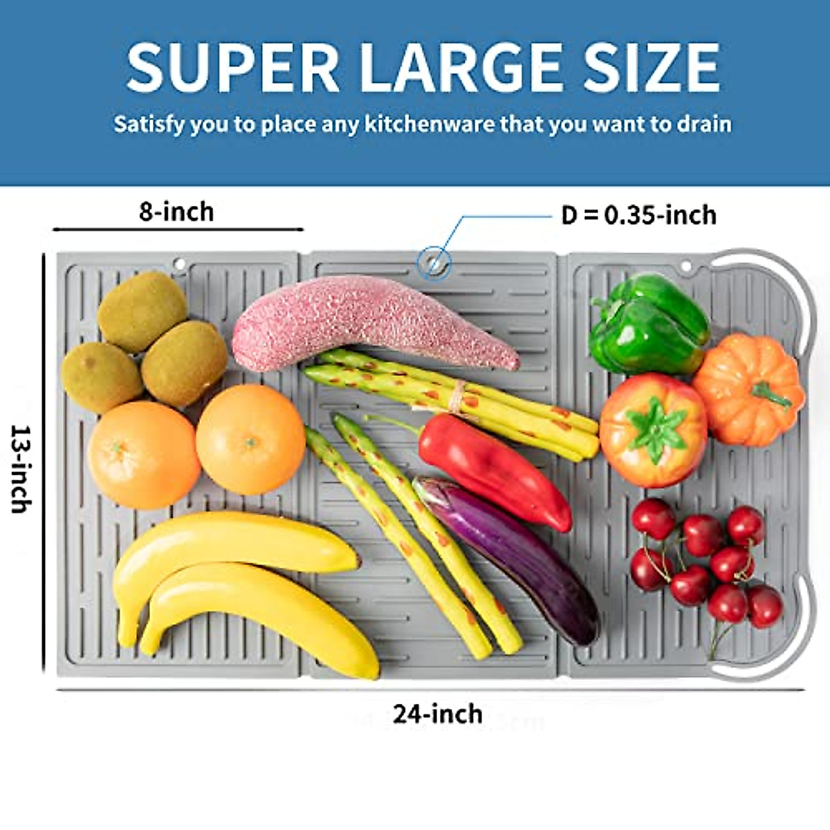 Yatmung Collapsible Silicone drying mat for Kitchen Counter - Non-Slip dish drying pad with hook and retaining band - Foldable design ( 24" x 13" ) to（ 8" x 13" ）- Large rubber rack mat（ Grey ）