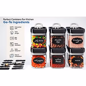 Chef's Path Airtight Food Storage Containers with Improved Lids, Set of 6, 1L Kitchen and Pantry Canisters for Coffee, Spices, and Dry Food, Includes Labels and Marker - Transparent, All Same Size