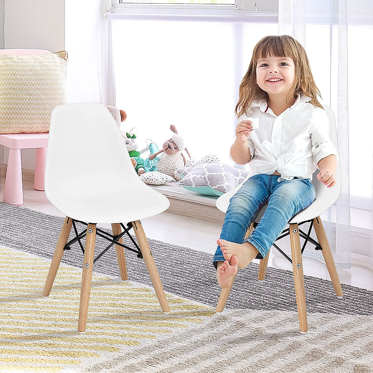 Costzon Kids Chair 4 Pcs, Toddler Chair in Mini DSW Size w/Solid Wood Legs, Wire Steel Base, Curved Backrest, Mid-Century Plastic Study Chair for Children of 3+, Ideal for Nursery, School & Home Use