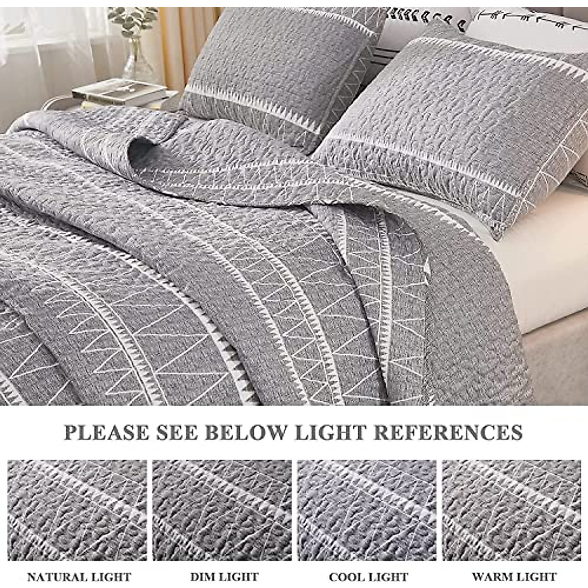 Andency Grey Quilt Set King (106x96 Inch), 3 Pieces(1 Striped Triangle Printed Quilt and 2 Pillowcases), Bohemian Summer Lightweight Reversible Microfiber Bedspread Coverlet Sets
